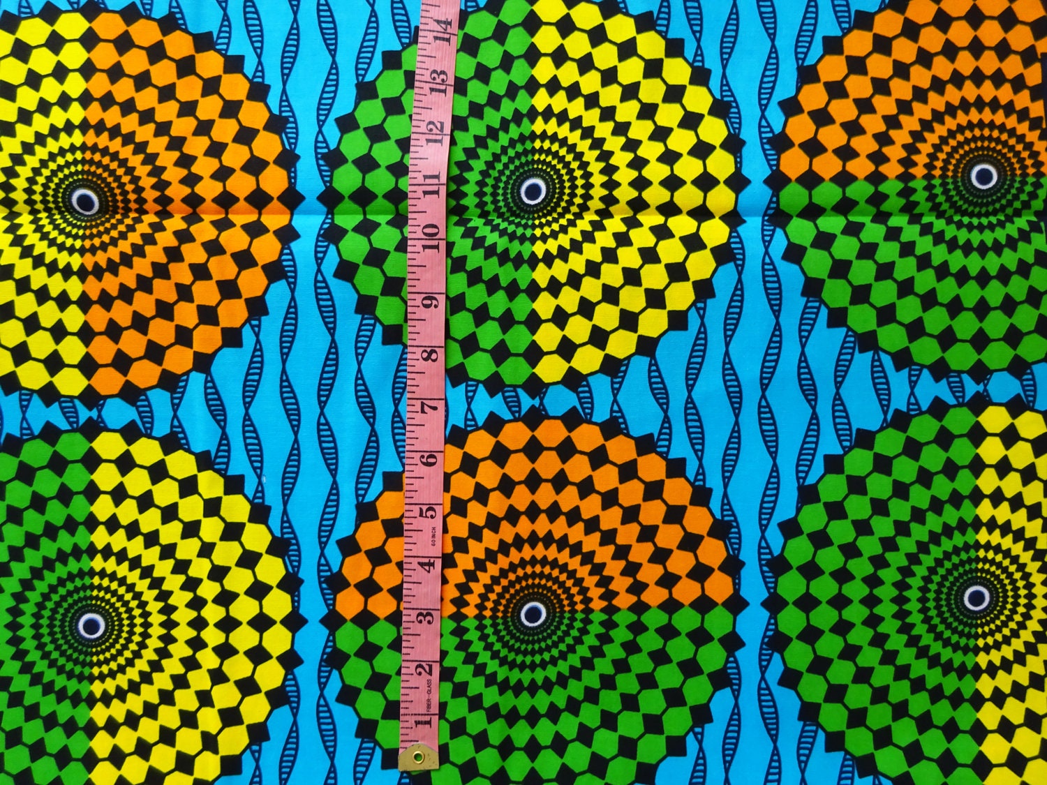 Bright blue green orange African fabric by the Yard record | Etsy