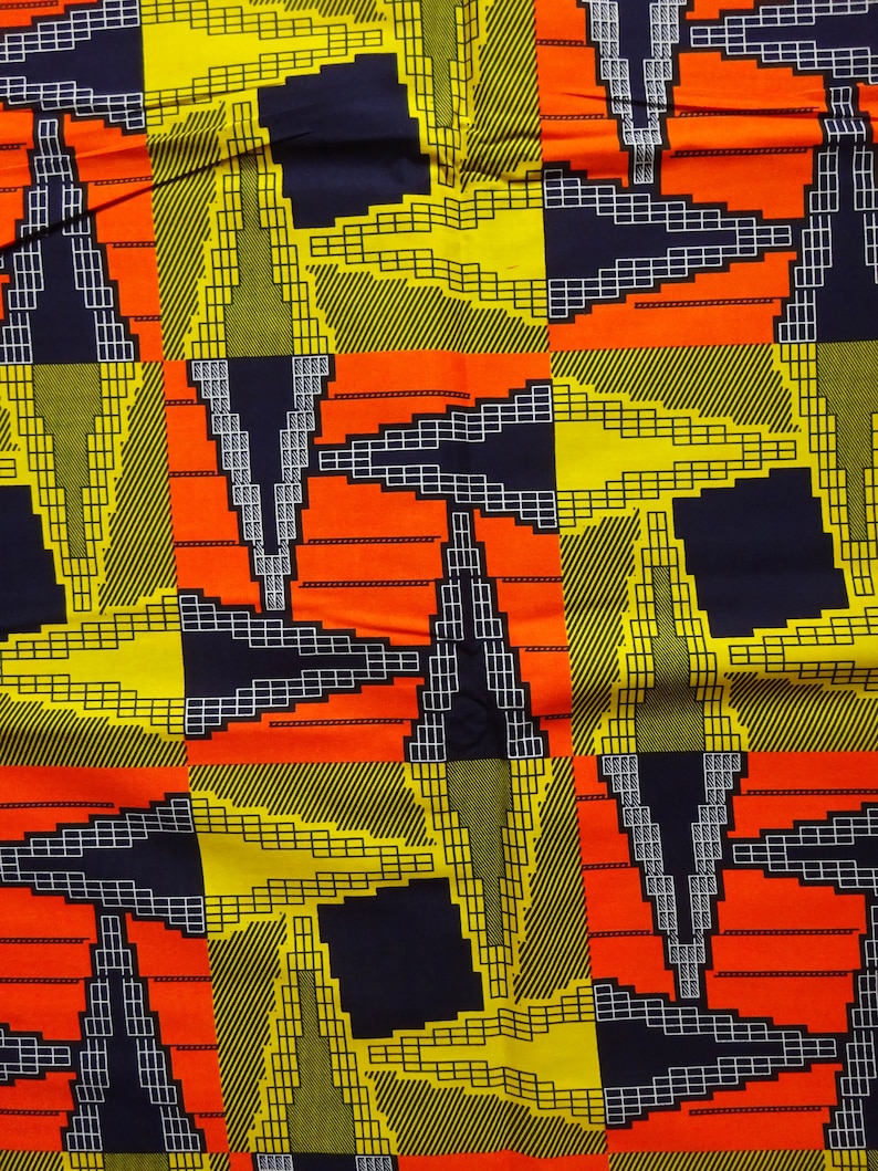 African fabric orange yellow navy blue geometric print Ankara | Etsy