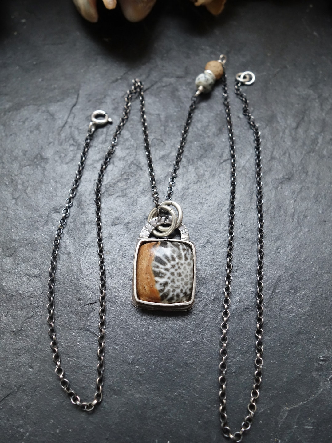Dainty Fossil Coral Rustic Chain Necklace | Oxidized Stone Pendant ...