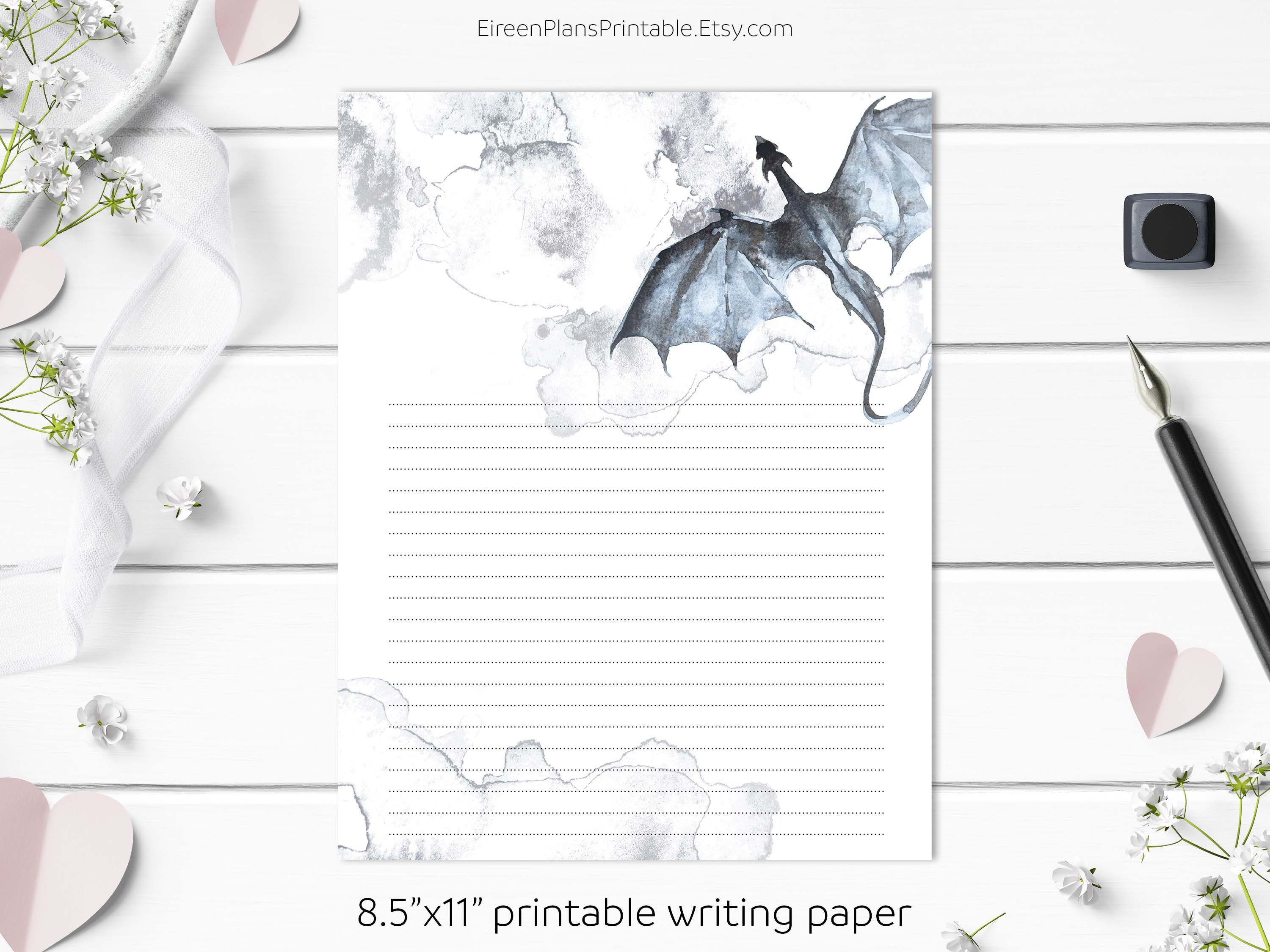 8.5x11 Printable Notes Fantasy Dragon Lined Unlined Writing | Etsy