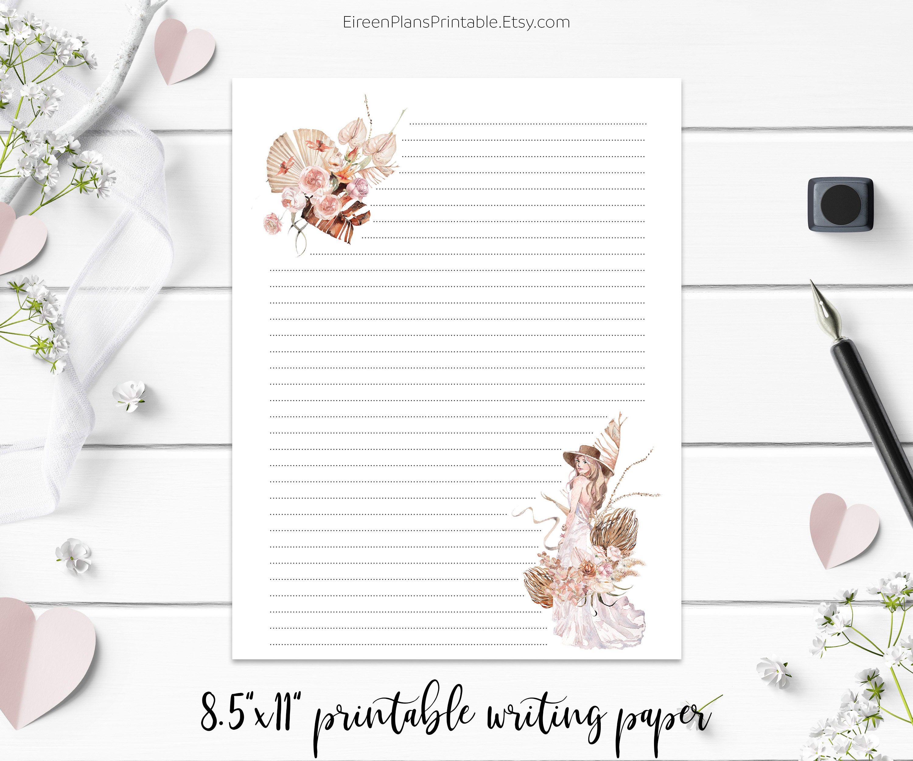 8.5x11 Printable Writing Paper Boho Girl Lined Notes Big | Etsy