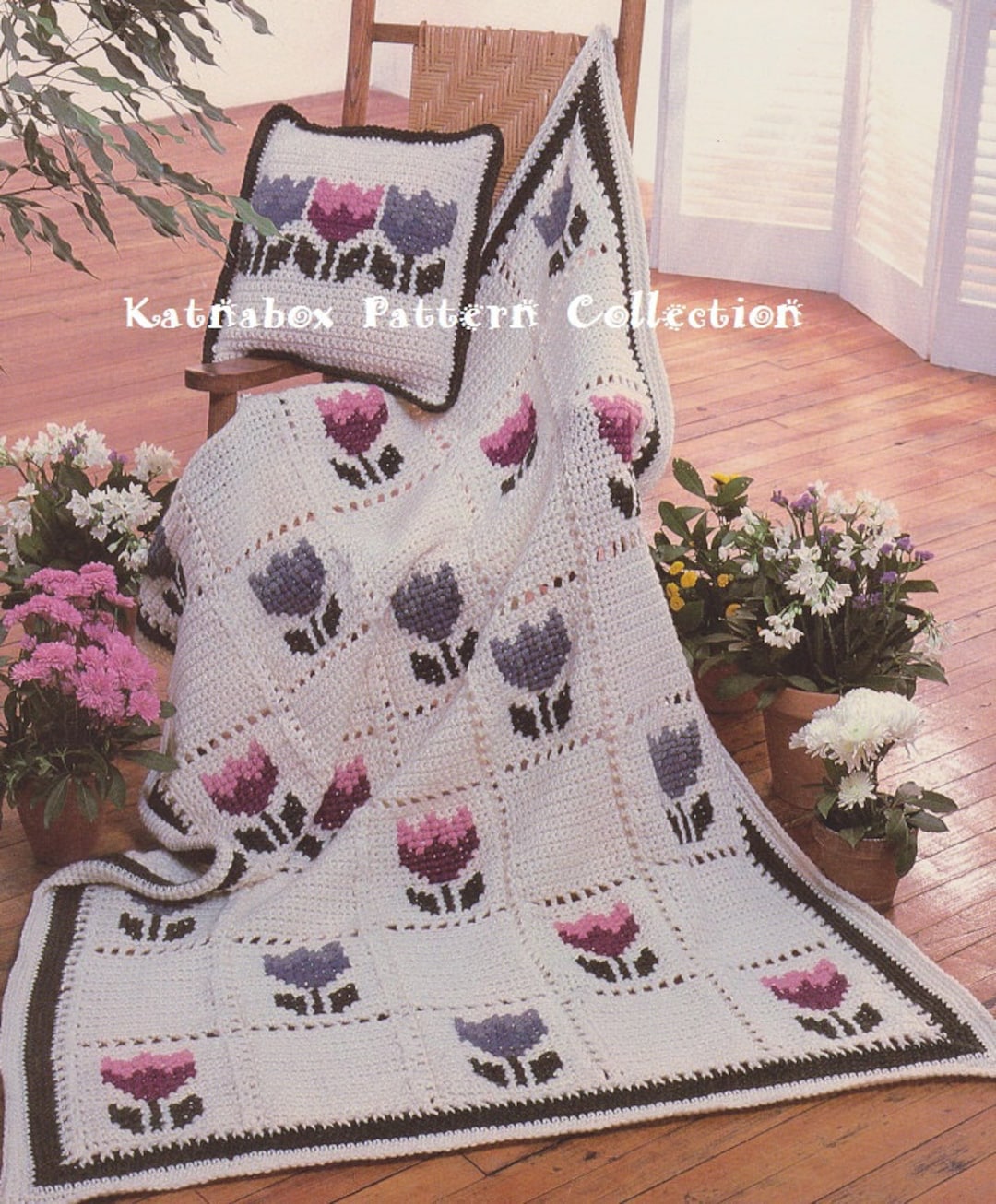 Crochet Tulip Patch Afghan and Pillow Pattern Set KC0834, Intermediate ...