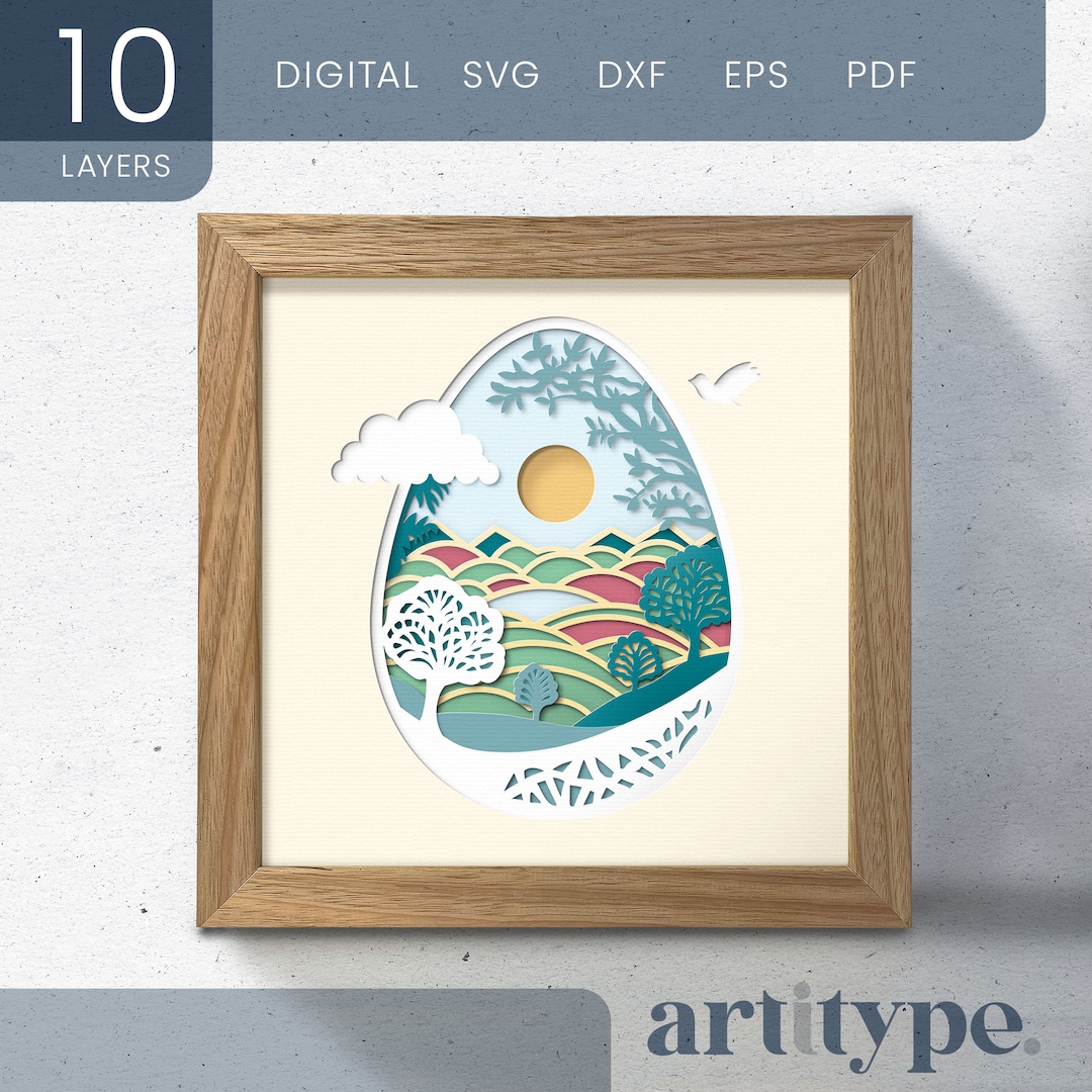 3D Shadow Box SVG File, Landscape in Egg, Paper Cut Layered Art ...