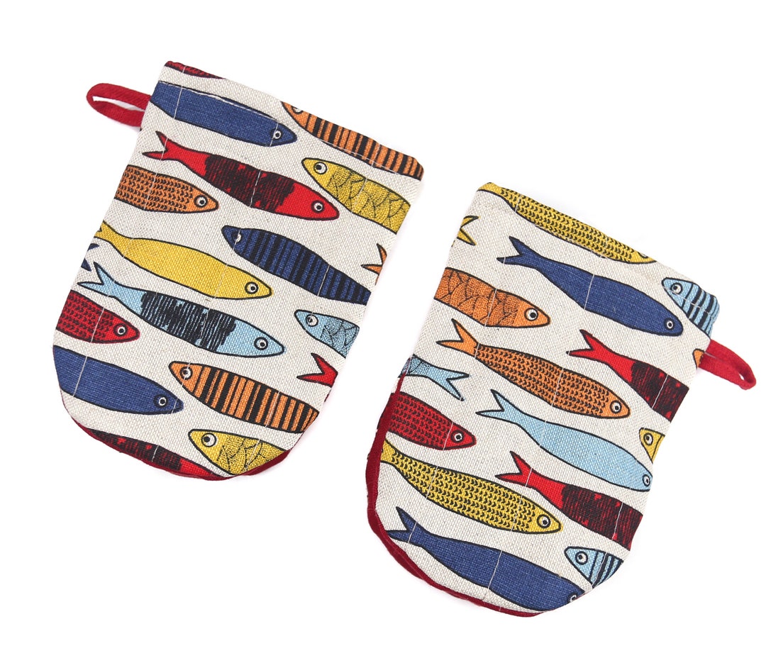 Linen Blend Fish Oven Mitt: Handmade Colorful Kitchen Glove - Etsy
