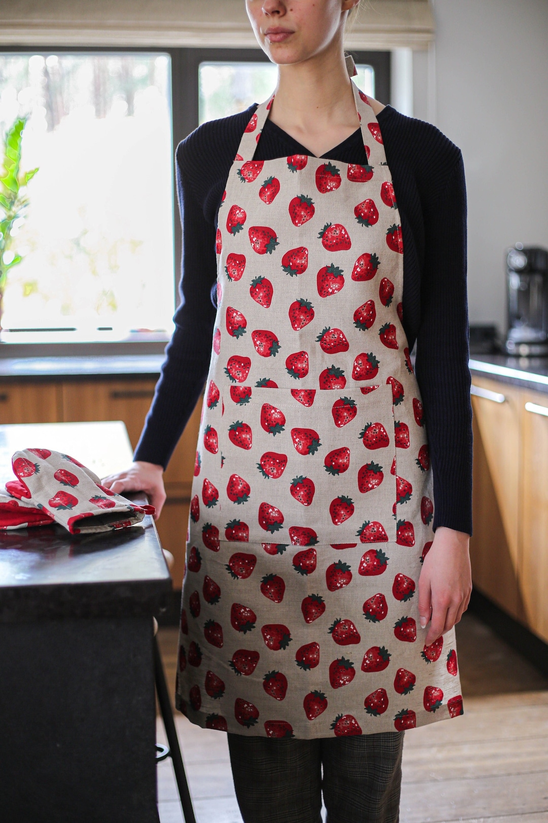 Cute Linen Strawberry Pattern Apron, Linen Berry Apron, Apron With ...
