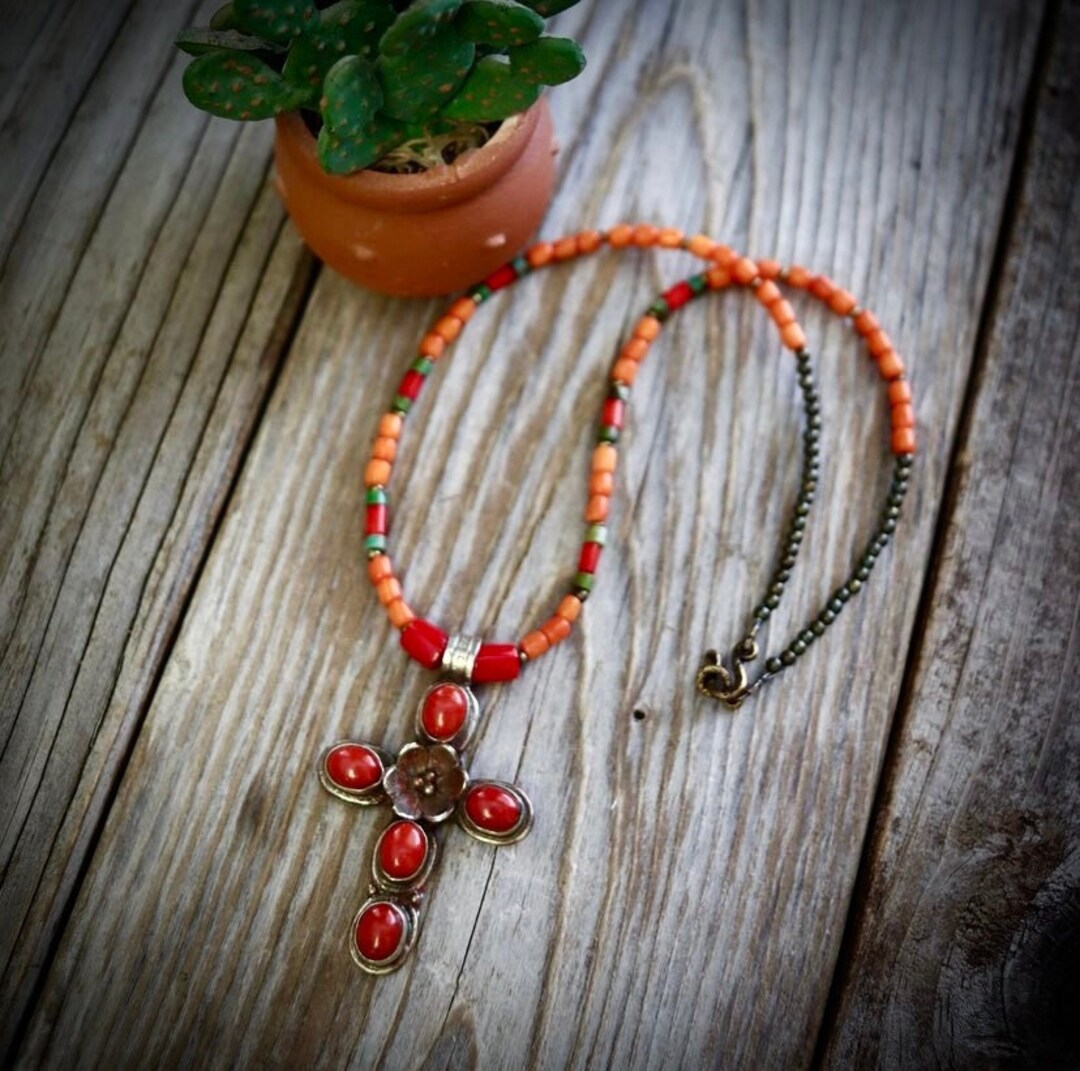 Red Coral Cross Pendant Necklace, Southwestern Style, Green Turquoise ...