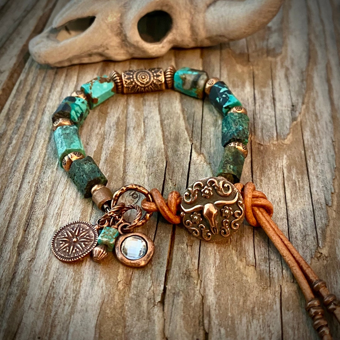 Genuine Turquoise Bracelet, Long Horn Button Toggle, Southwestern Style ...