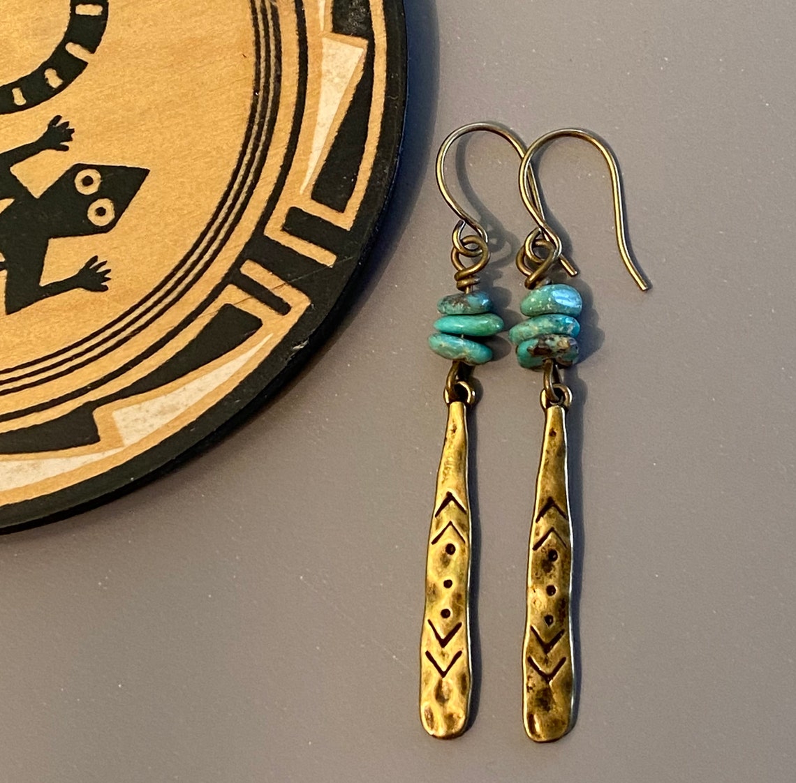 Brass paddle earrings genuine turquoise purple spiney oyster | Etsy