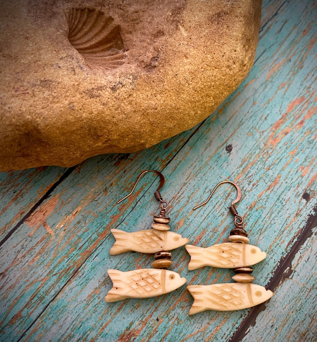 Whimsical Fish Earrings, Carved Bone Fish Beads, Antiqued Copper, Gift ...