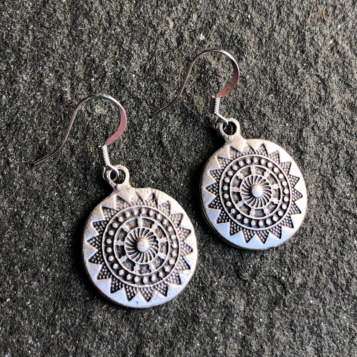 Aztec Sun Silver Disc Earrings, Bohemian, Stamped Disc, Gypsy, Hippie ...