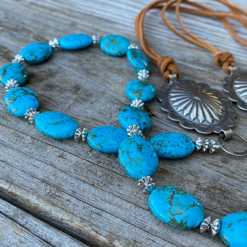 Silver concho turquoise necklace leather adjustable necklace | Etsy
