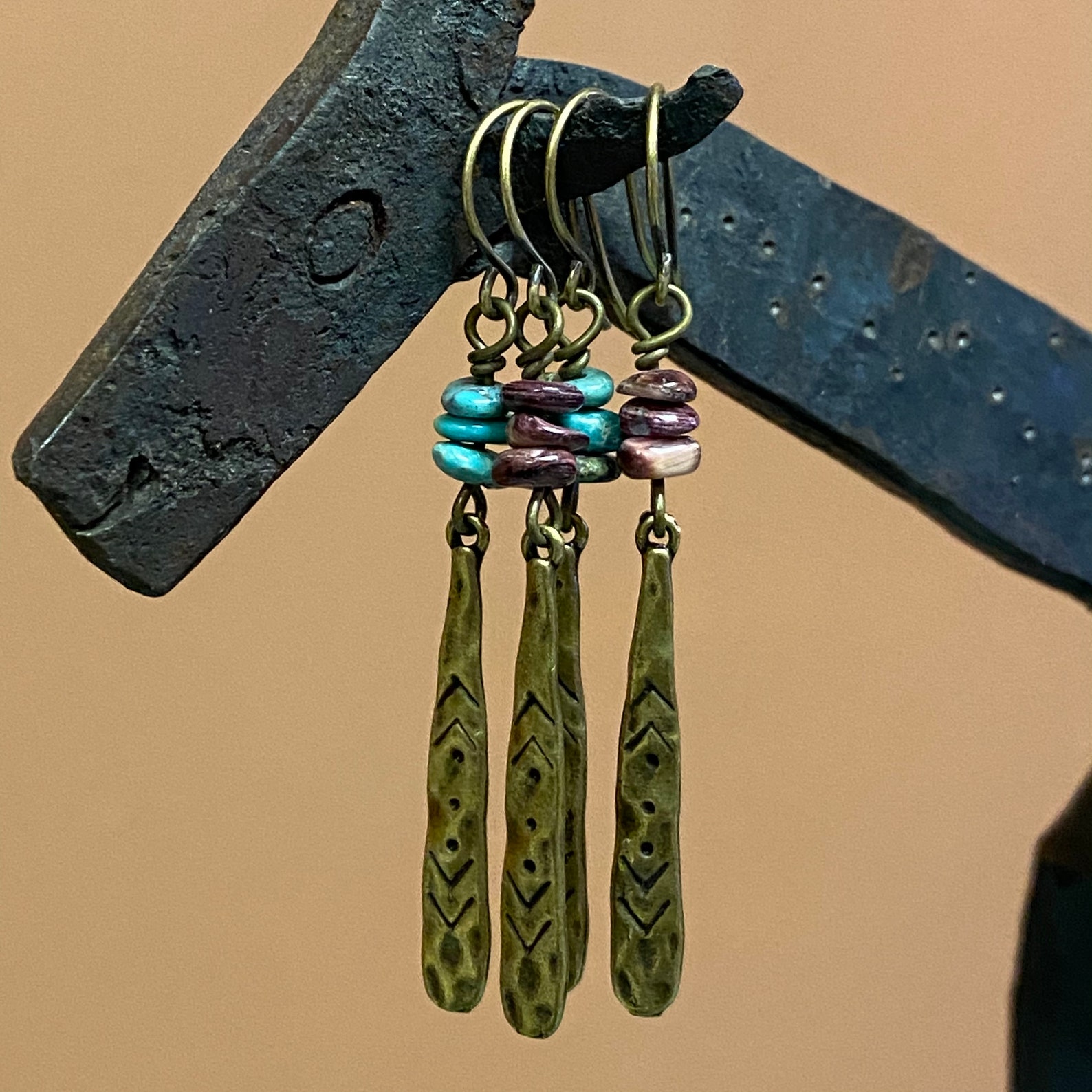 Brass paddle earrings genuine turquoise purple spiney oyster | Etsy