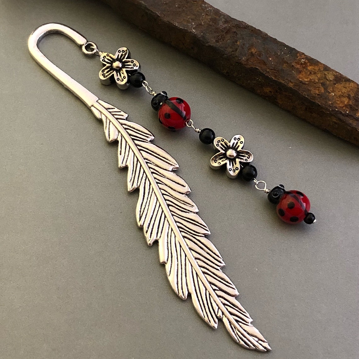 Ladybug Bookmark Silver Feather Bookmark Flower Bookmark | Etsy