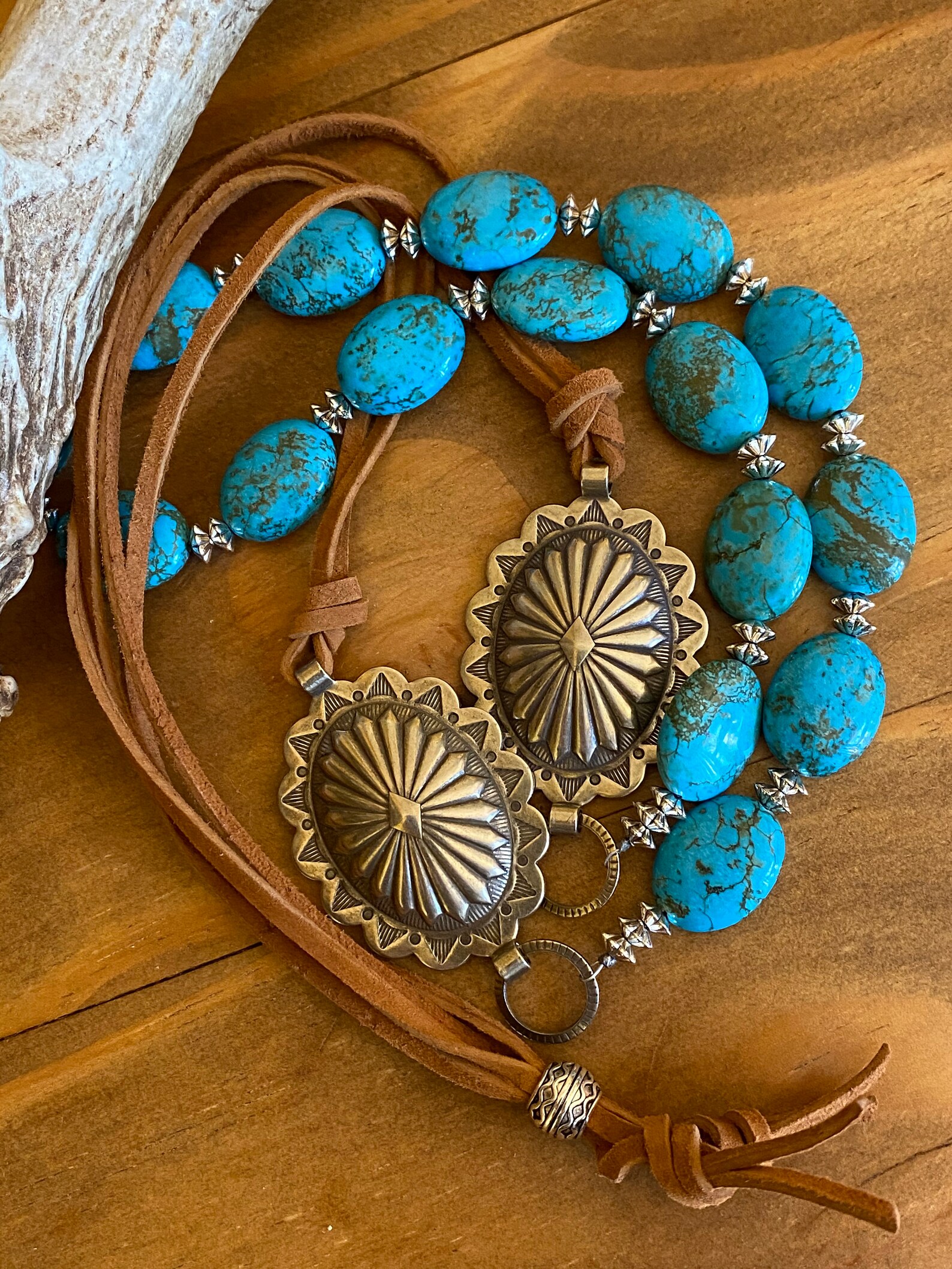 Silver Concho Turquoise Necklace, Leather Adjustable Necklace ,western ...