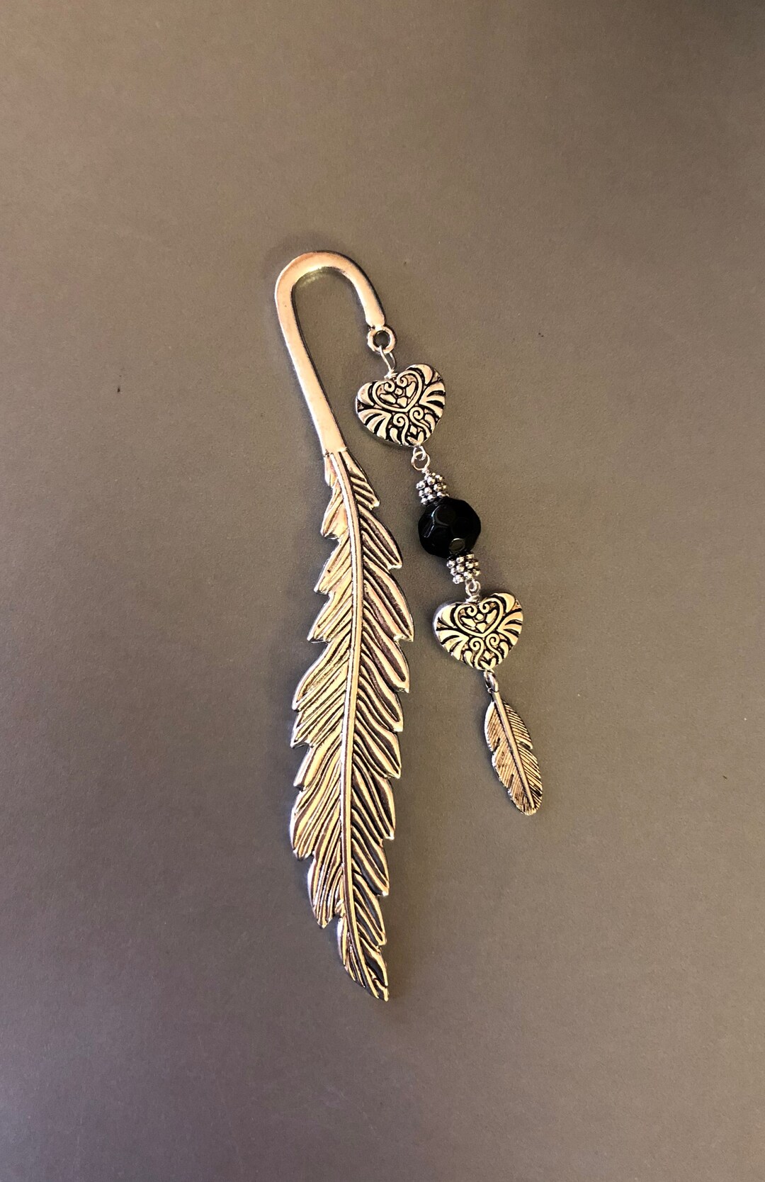Silver Heart Feather Bookmark, Faceted Beaded Bookmark, Silver Filigree ...