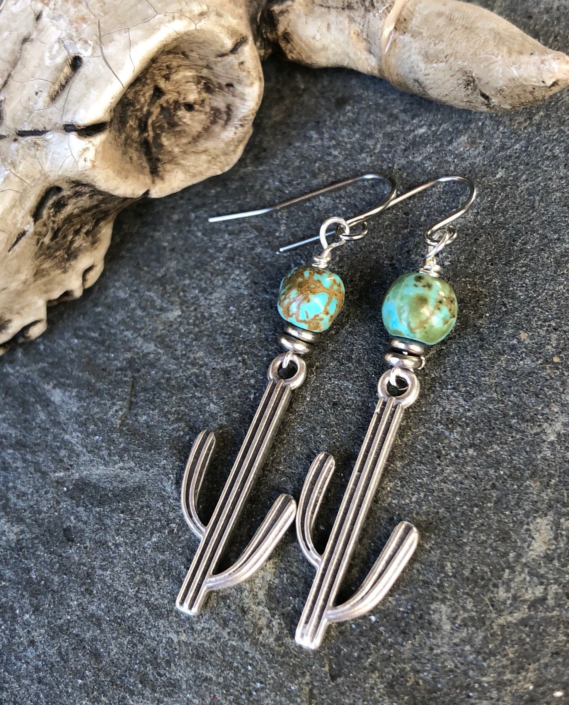 Cactus Earrings Turquoise Earrings Silver Cactus Saguaro | Etsy