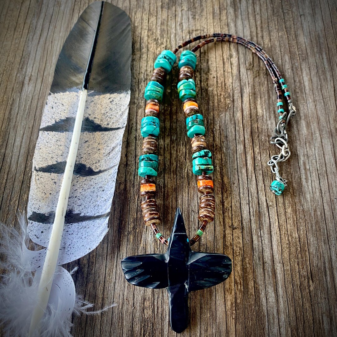 Raven Hand Carved Fetish Pendant Necklace With Genuine Turquoise ...