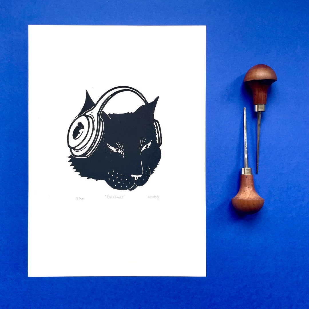 Purrfect Harmony: Linocut Print of a Music-loving Black Cat With ...