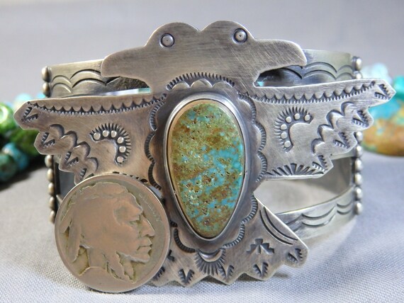 NAVAJO Dean Sandoval PILOT MOUNTAIN Turquoise Stamped… - Gem