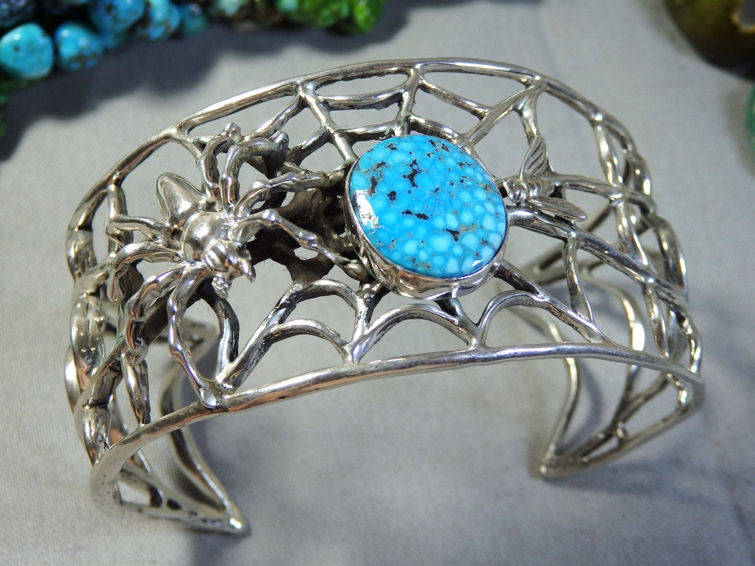 NAVAJO Emerson Thompson KINGMAN Birds Eye TURQUOISE Sterling Silver Spider Web Cuff Bracelet 6 ...