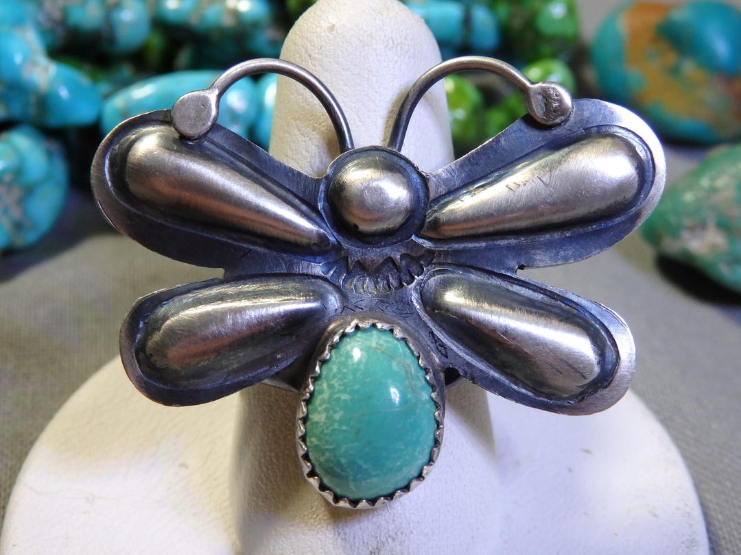 NAVAJO Tim Yazzie TURQUOISE Repousse Sterling Silver BUTTERFLY Ring Sz7 ...