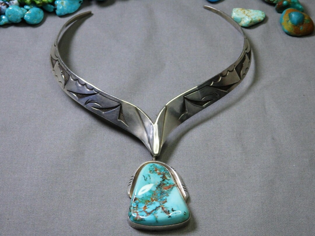 NAVAJO Tom Willetto PILOT MOUNTAIN Turquoise Sterling Silver Collar ...