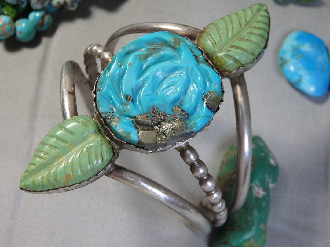 Hand Carved PERSIAN Turquoise STERLING Silver ROSE Totem 59gm Cuff ...