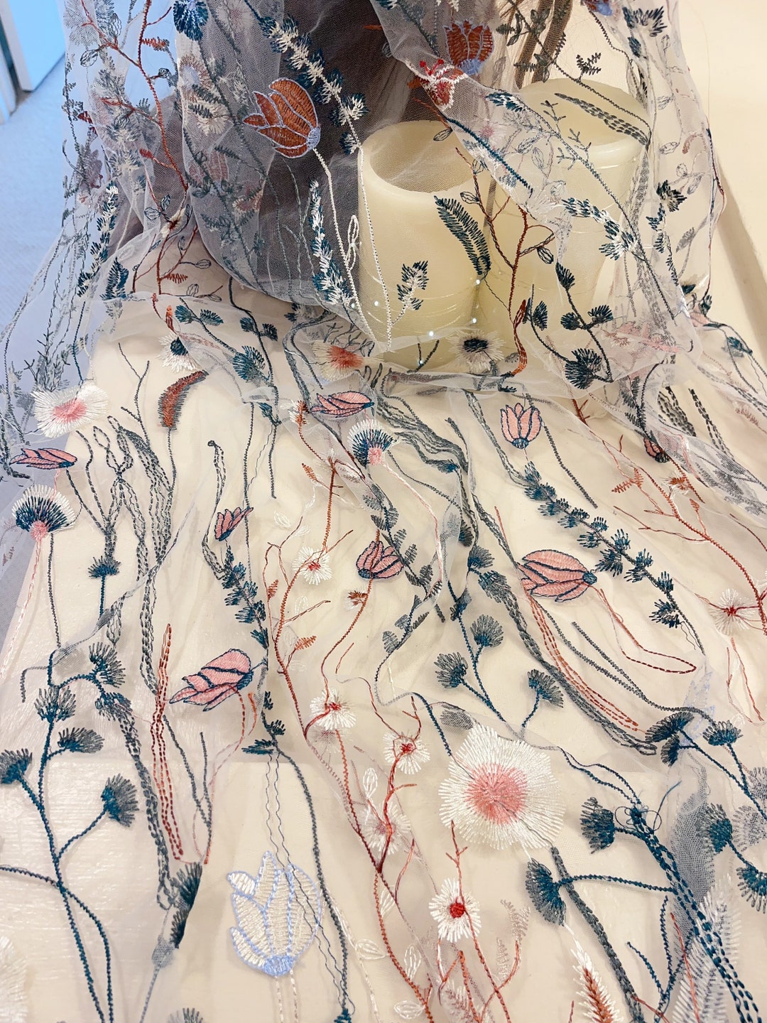 Water Lily Embroidered Flower White Veil Floral Wedding Veil Unique ...