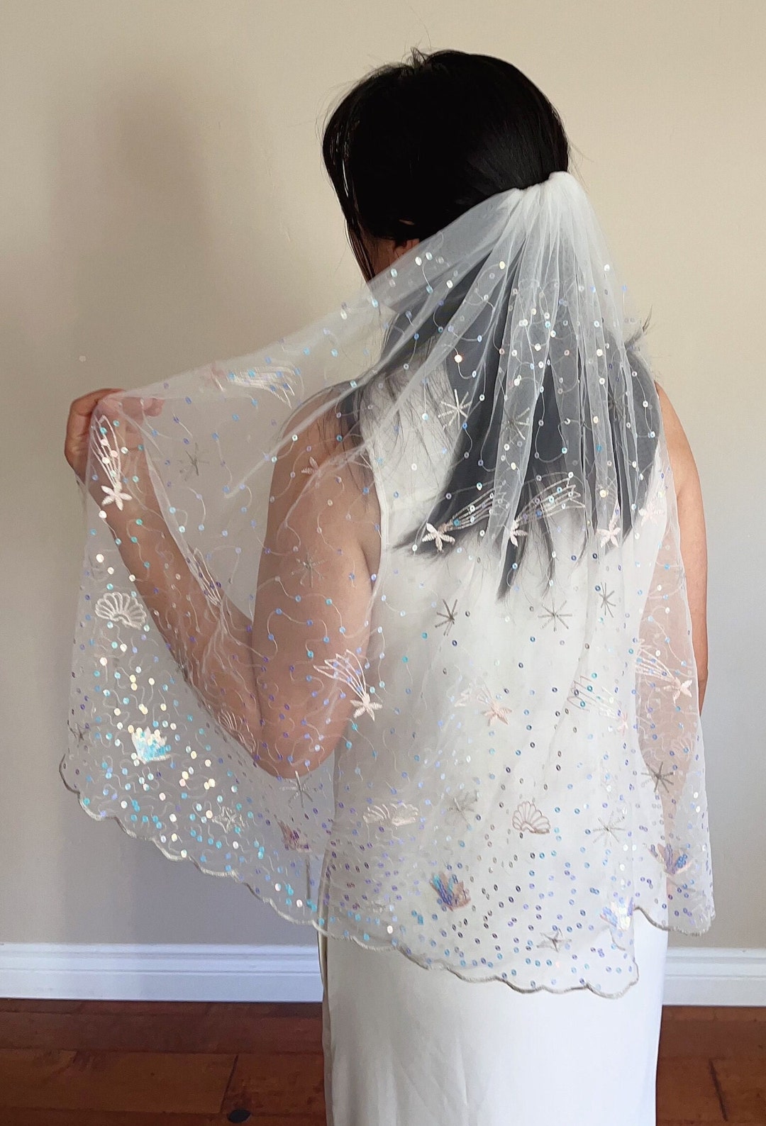 Beach Wedding Veil Sea Shell Veil With Starfish Wedding Sequins Veil ...