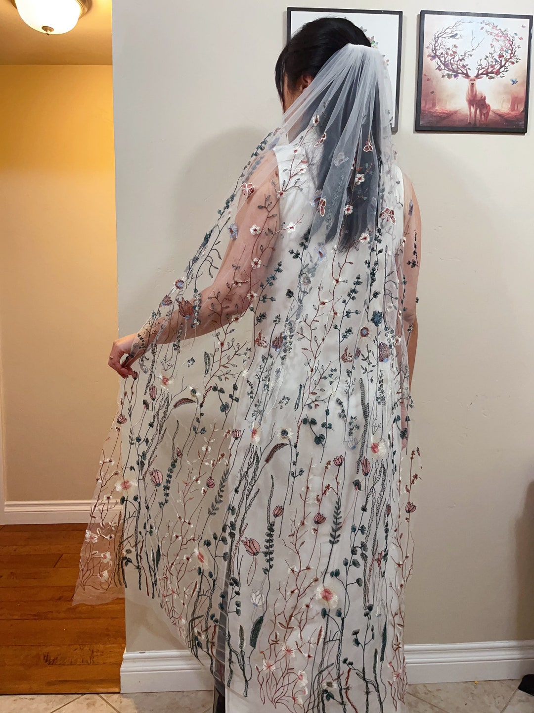 Water Lily Embroidered Flower White Veil Floral Wedding Veil Unique ...