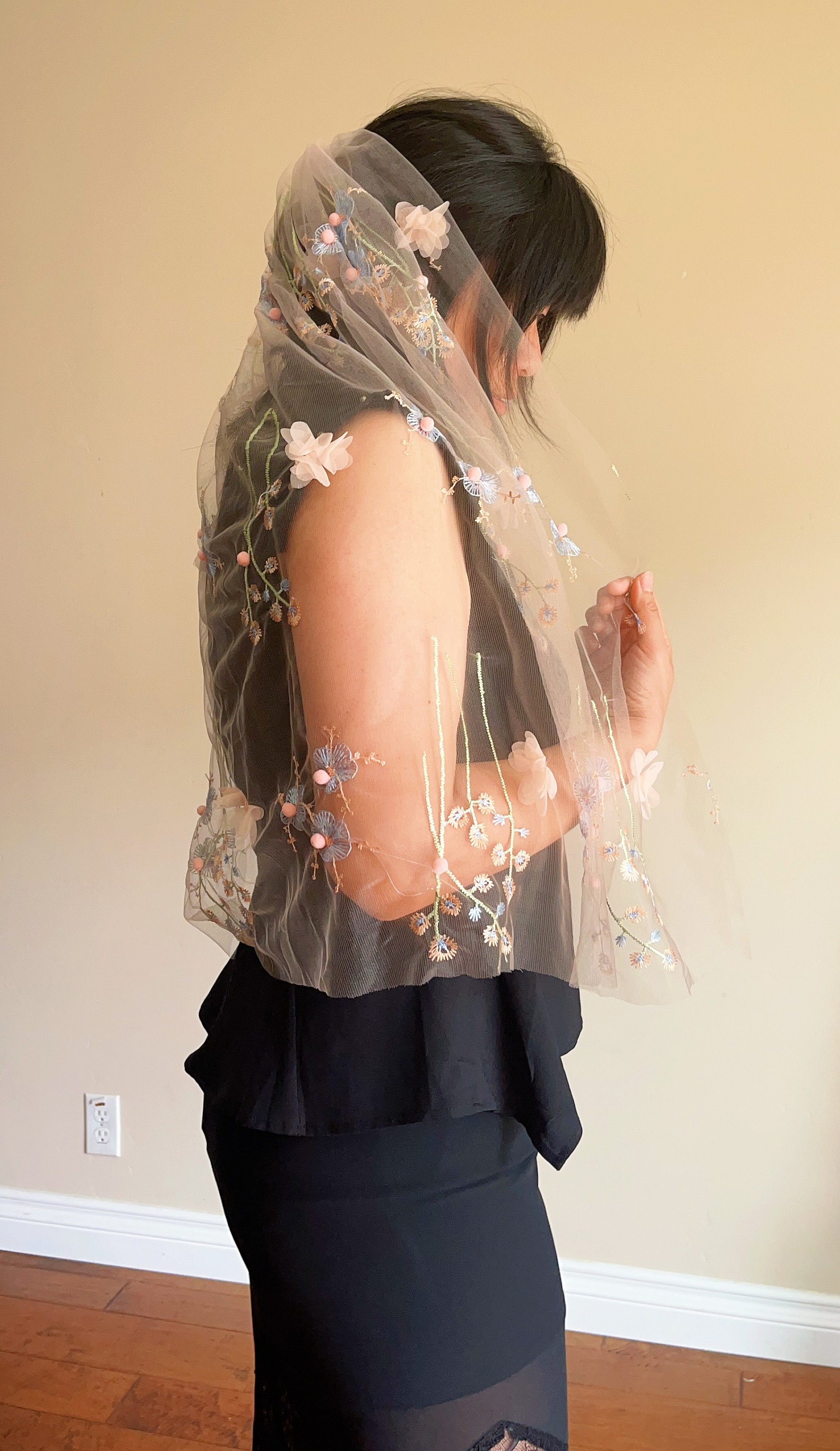 Flower Pop Veil Unique Pink Blue Flower Veil Embroidered 3d Flower Veil ...