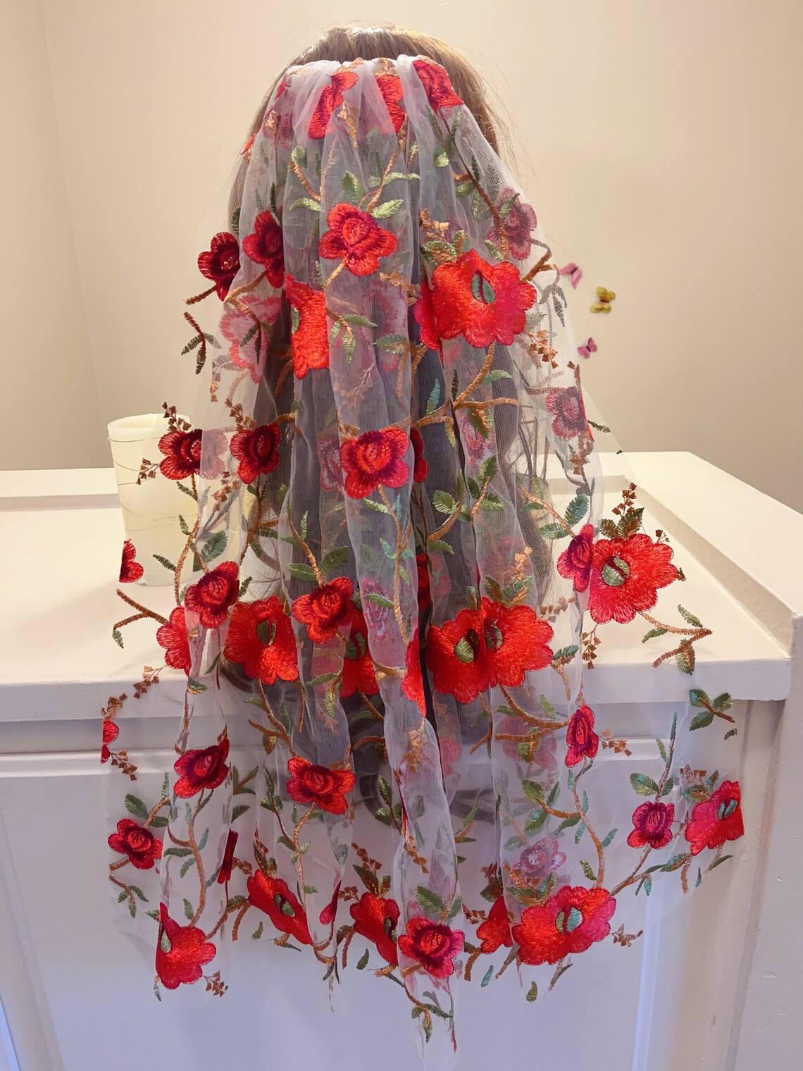 Embroidered Red Rose Wedding Veil: Floral Garden Bridal Veil (55cm) - Etsy