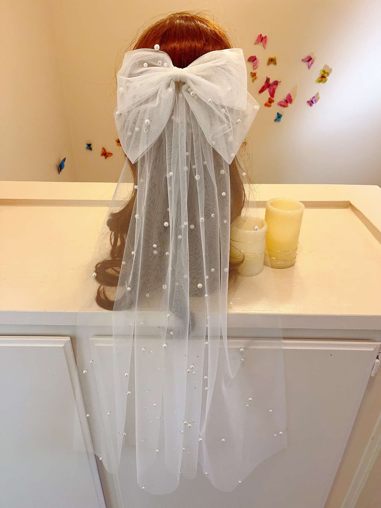 Bridal Bow Veil Pearl Veil Wedding Veil Tulle Pearl Bride Hair Bow ...
