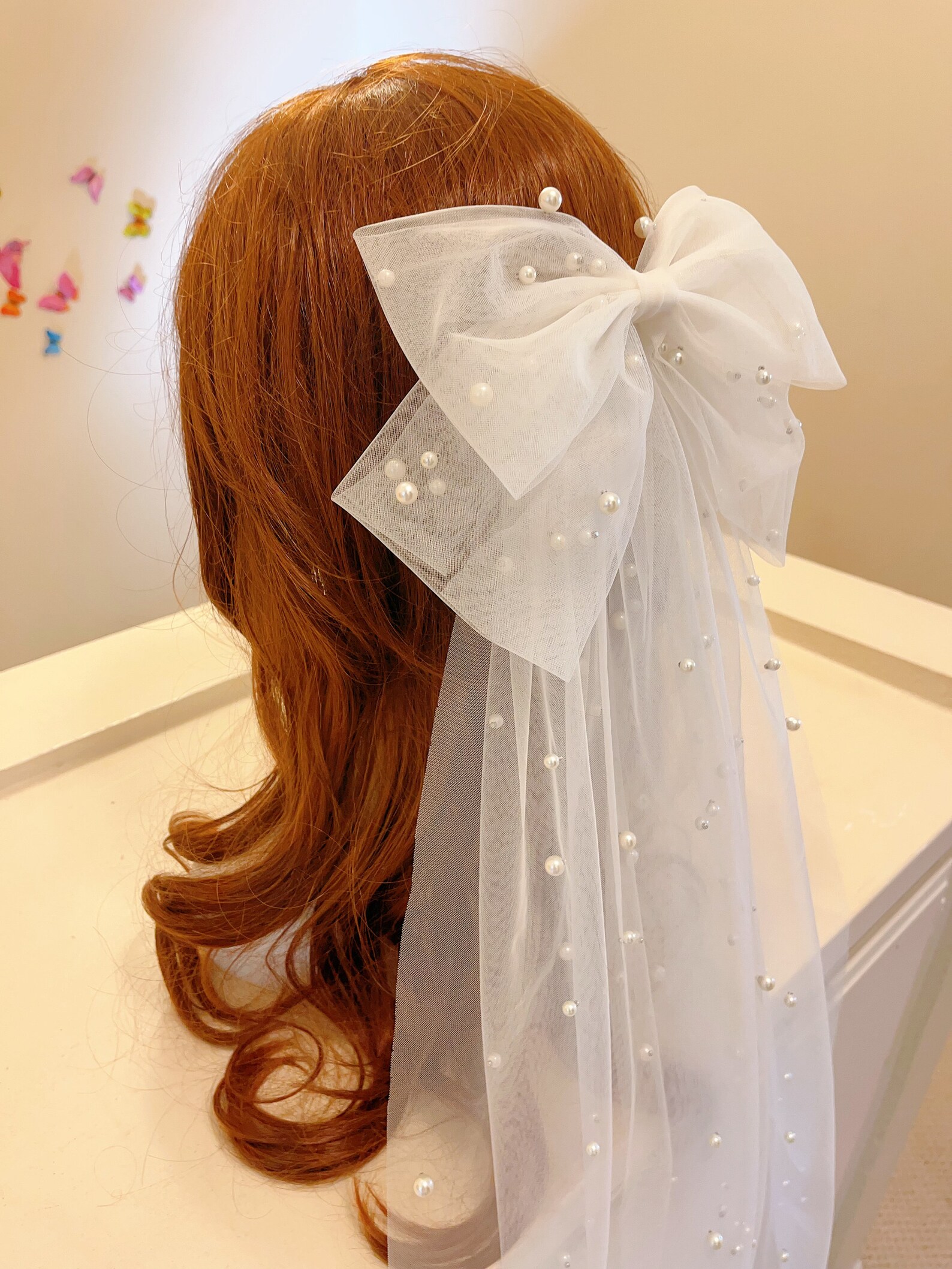 Bridal Bow Veil Pearl Veil Wedding Veil Tulle Pearl Bride Hair Bow ...