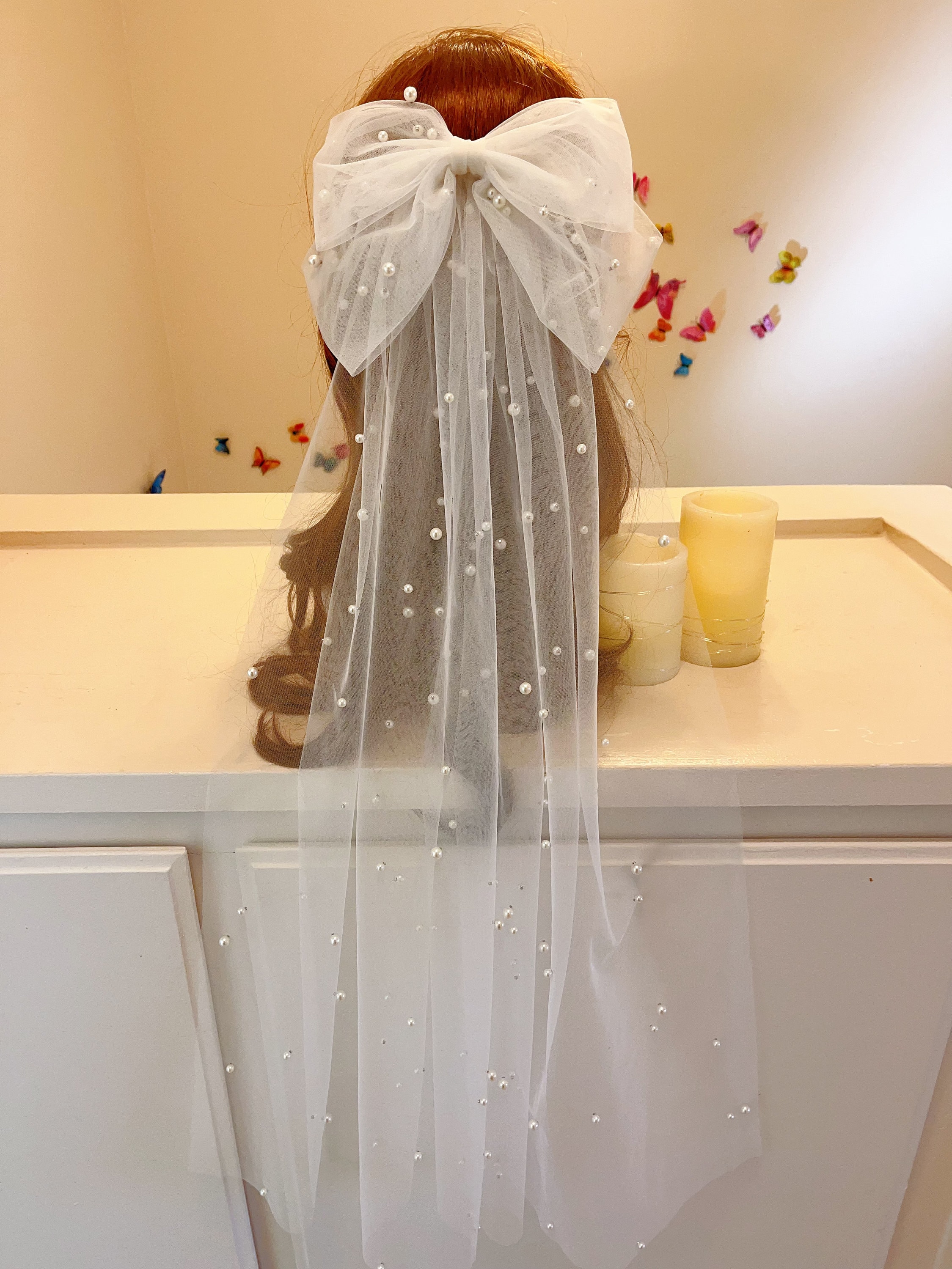 Bridal Bow Veil Pearl Veil Wedding Veil Tulle Pearl Bride Hair Bow ...