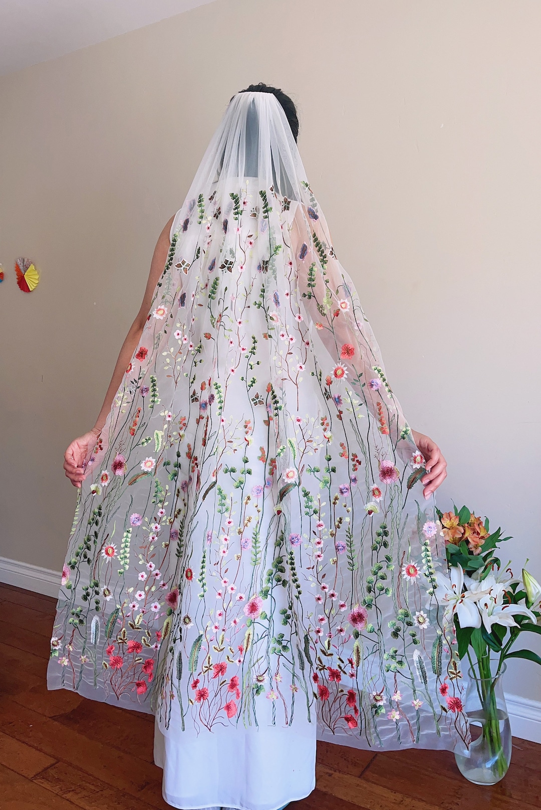 Wildflower Veil Longer Style 3d Embroidered Color Flower Lace Veil ...