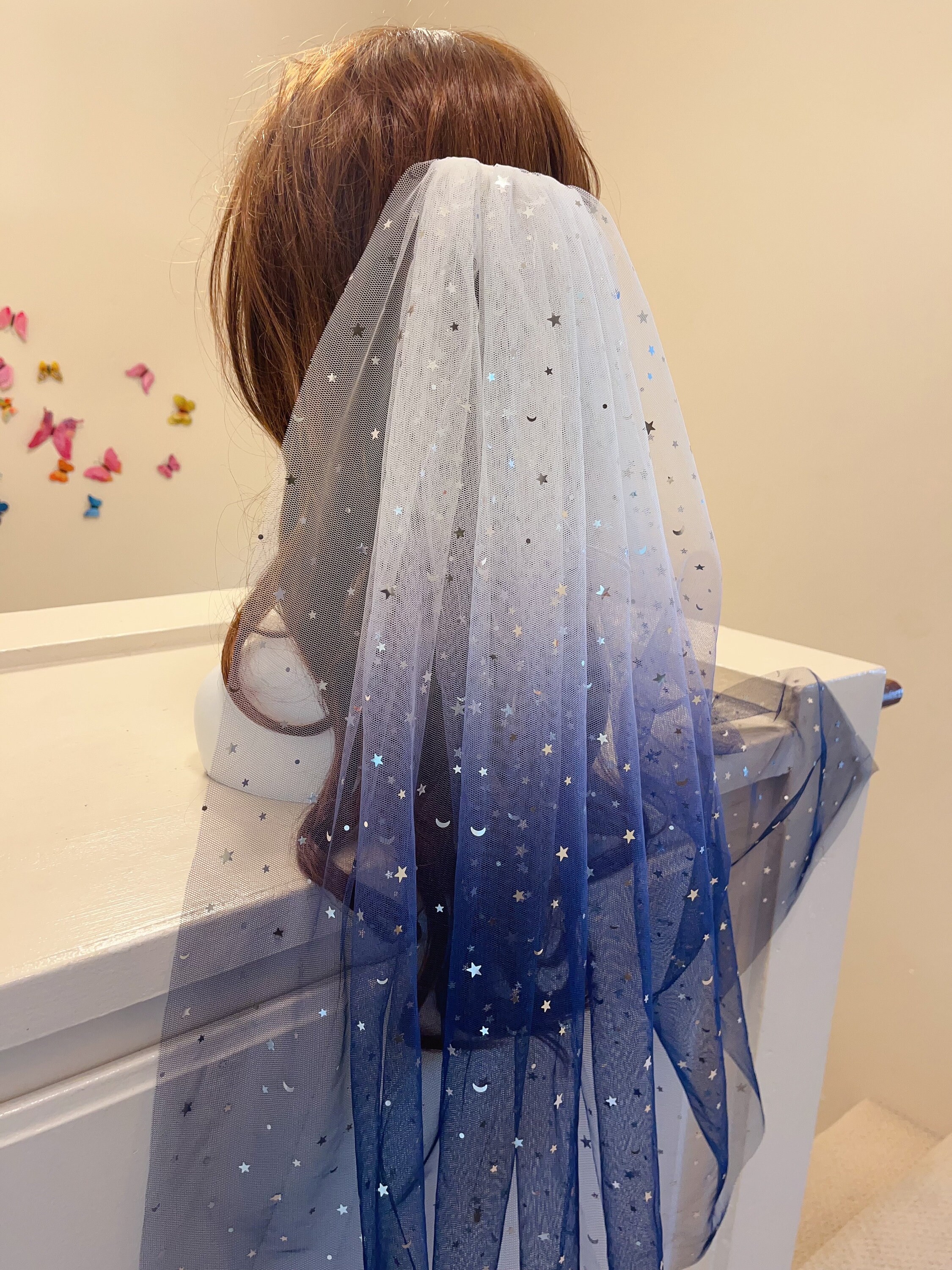 Ombre Bridal Veil: Navy to White Tulle With Silver Stars & Moons - Etsy
