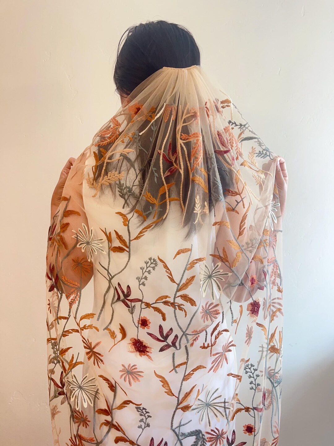 Embroidered Flower Wedding Veil, Rust Terra-cotta, Boho Bridal Cape - Etsy