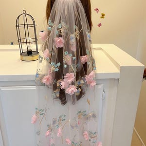 Flower Pop Veil Unique Pink Blue Flower Veil Embroidered 3d Flower Veil ...
