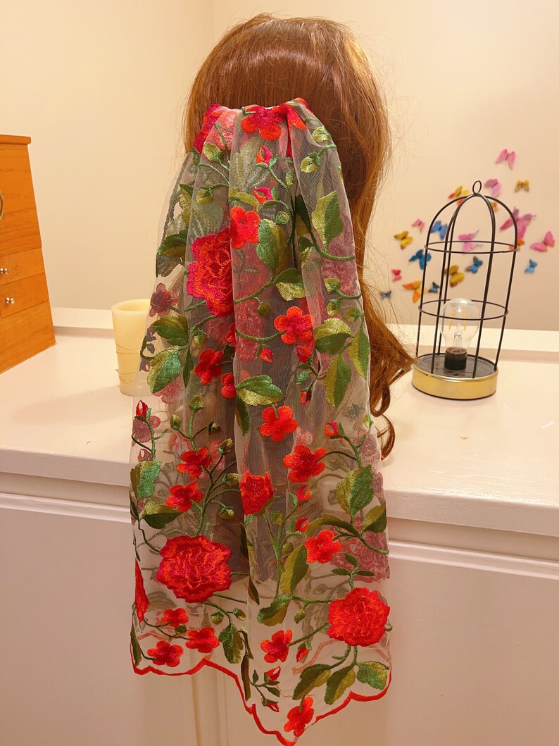 Embroidered Red Rose Wedding Veil, Floral Garden Bridal Veil, 55cm - Etsy