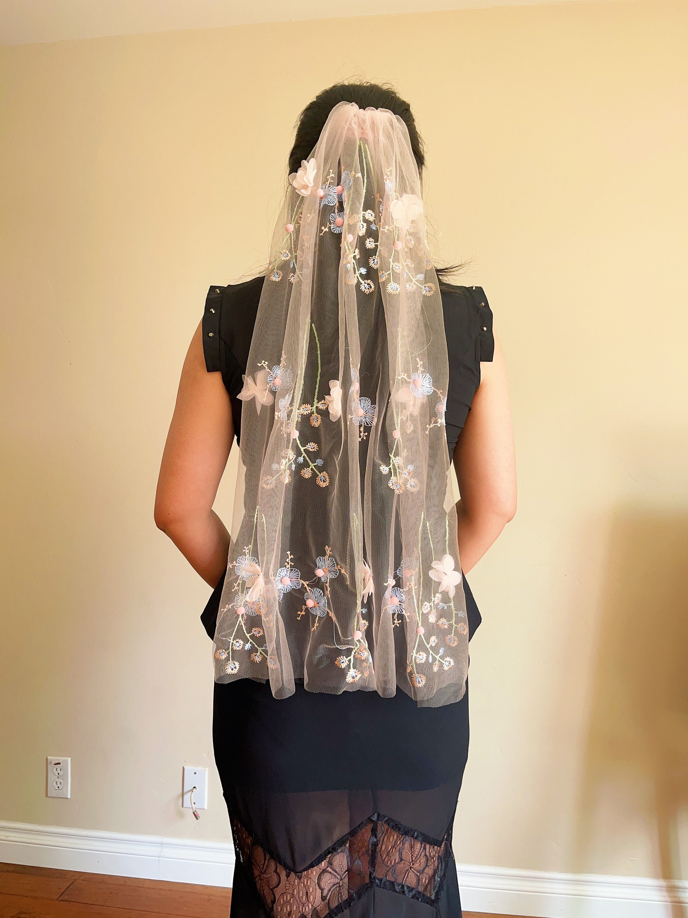 Flower Pop Veil Unique Pink Blue Flower Veil Embroidered 3d Flower Veil ...