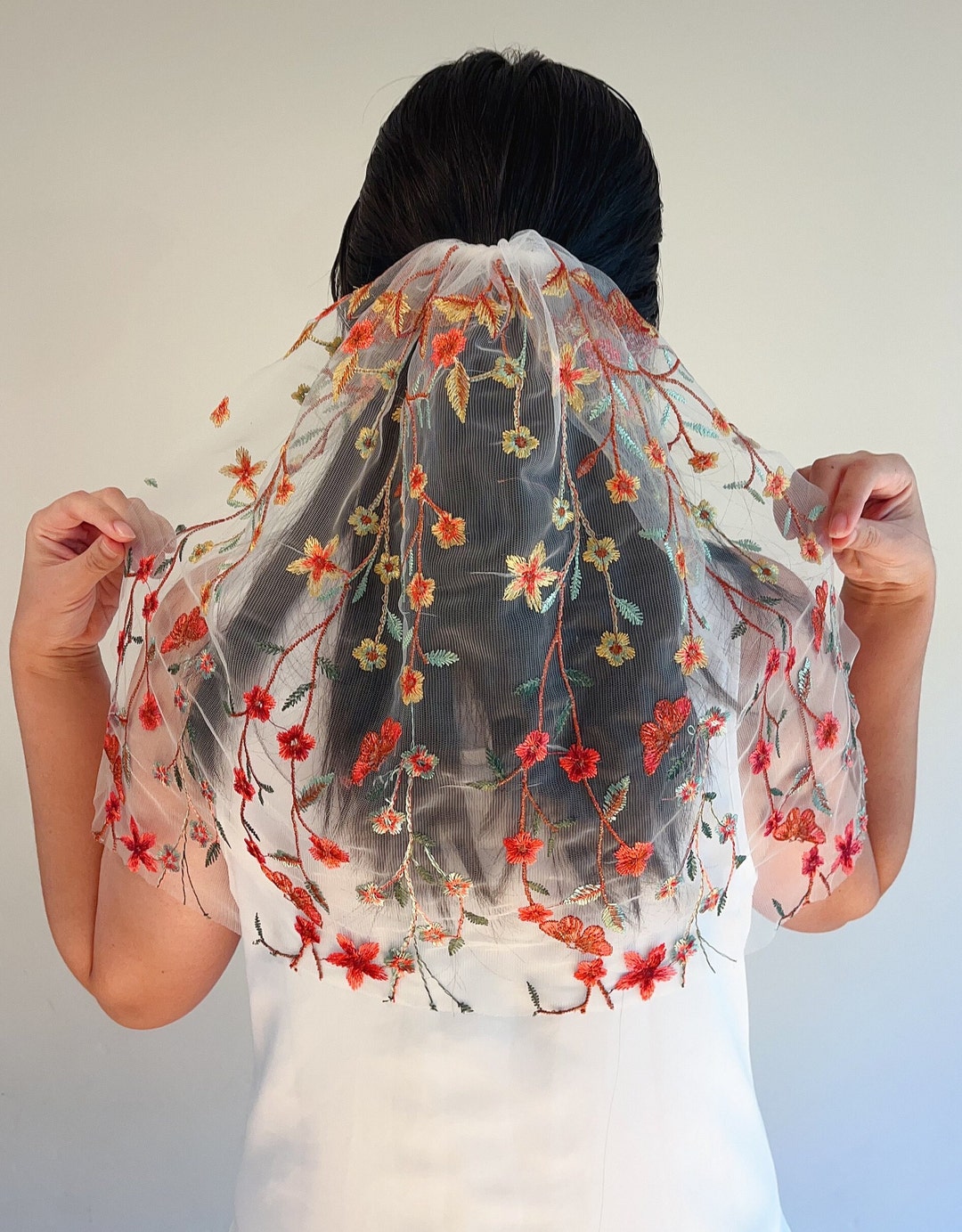 Vine Veil, Short Embroidered Bloom Orange Red Flower Butterfly Veil ...