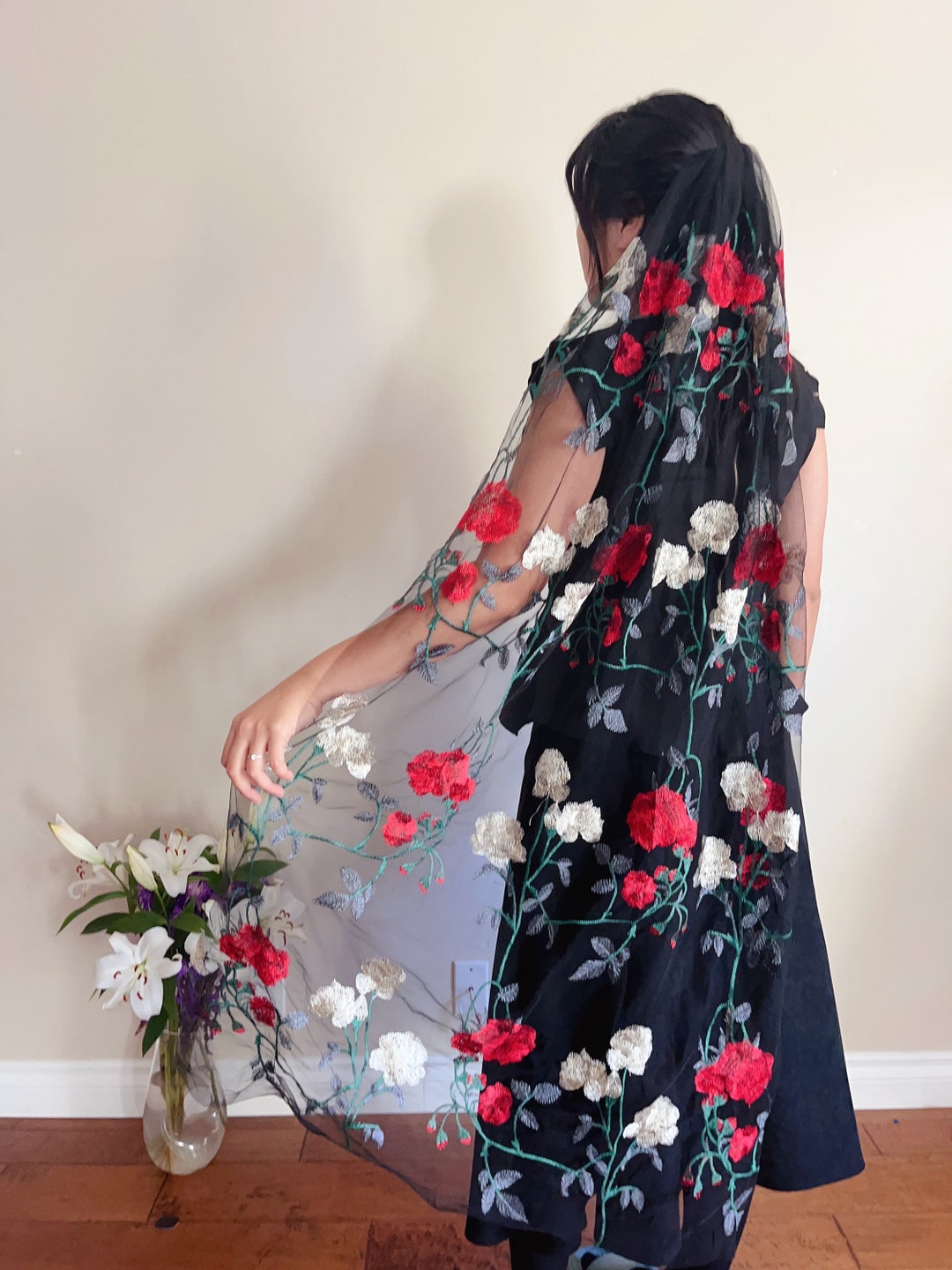 Rose Flower Veil Embroidered Flower Veil Floral Black Gothic Wedding ...