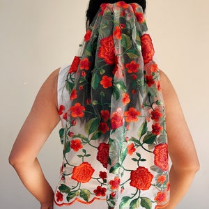 Embroidered Red Orange Rose Wedding Veil, Floral Garden Bridal Veil ...