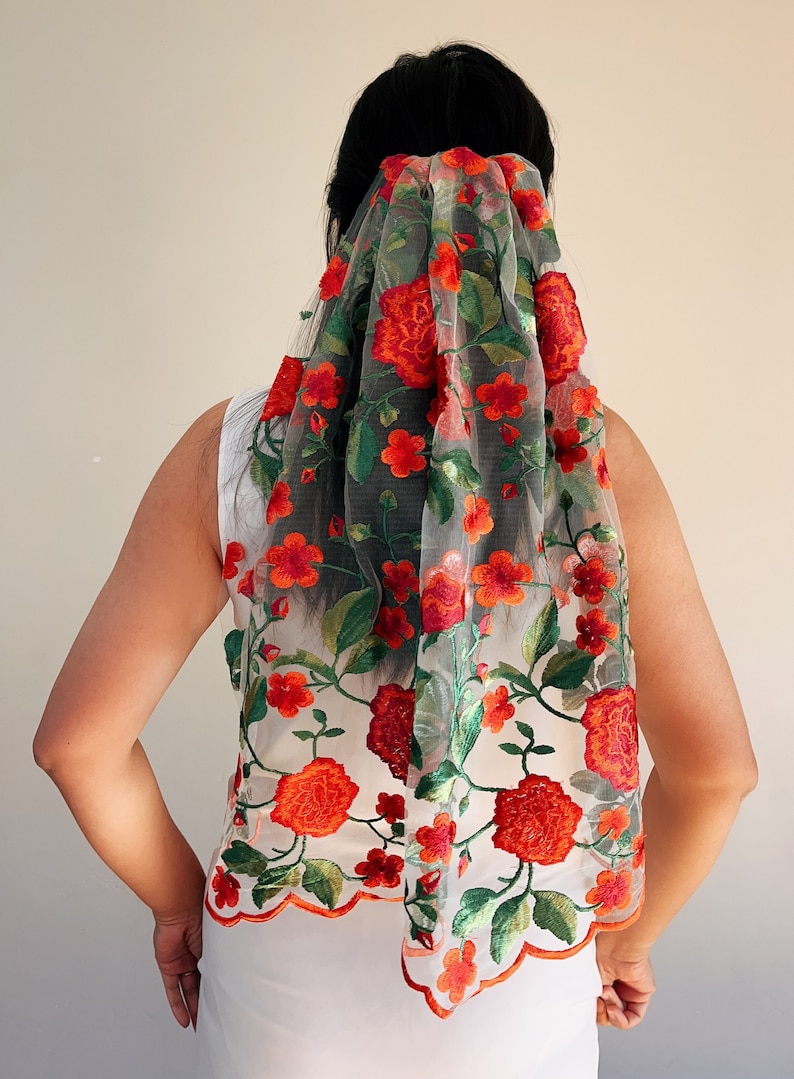 Embroidered Red Orange Rose Wedding Veil, Floral Garden Bridal Veil ...
