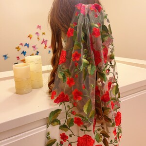 Embroidered Red Orange Rose Wedding Veil, Floral Garden Bridal Veil ...