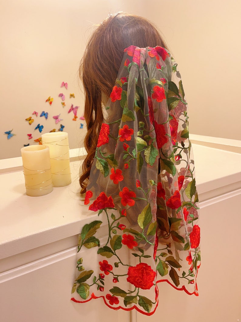 Embroidered Red Rose Wedding Veil, Floral Garden Bridal Veil, 55cm - Etsy