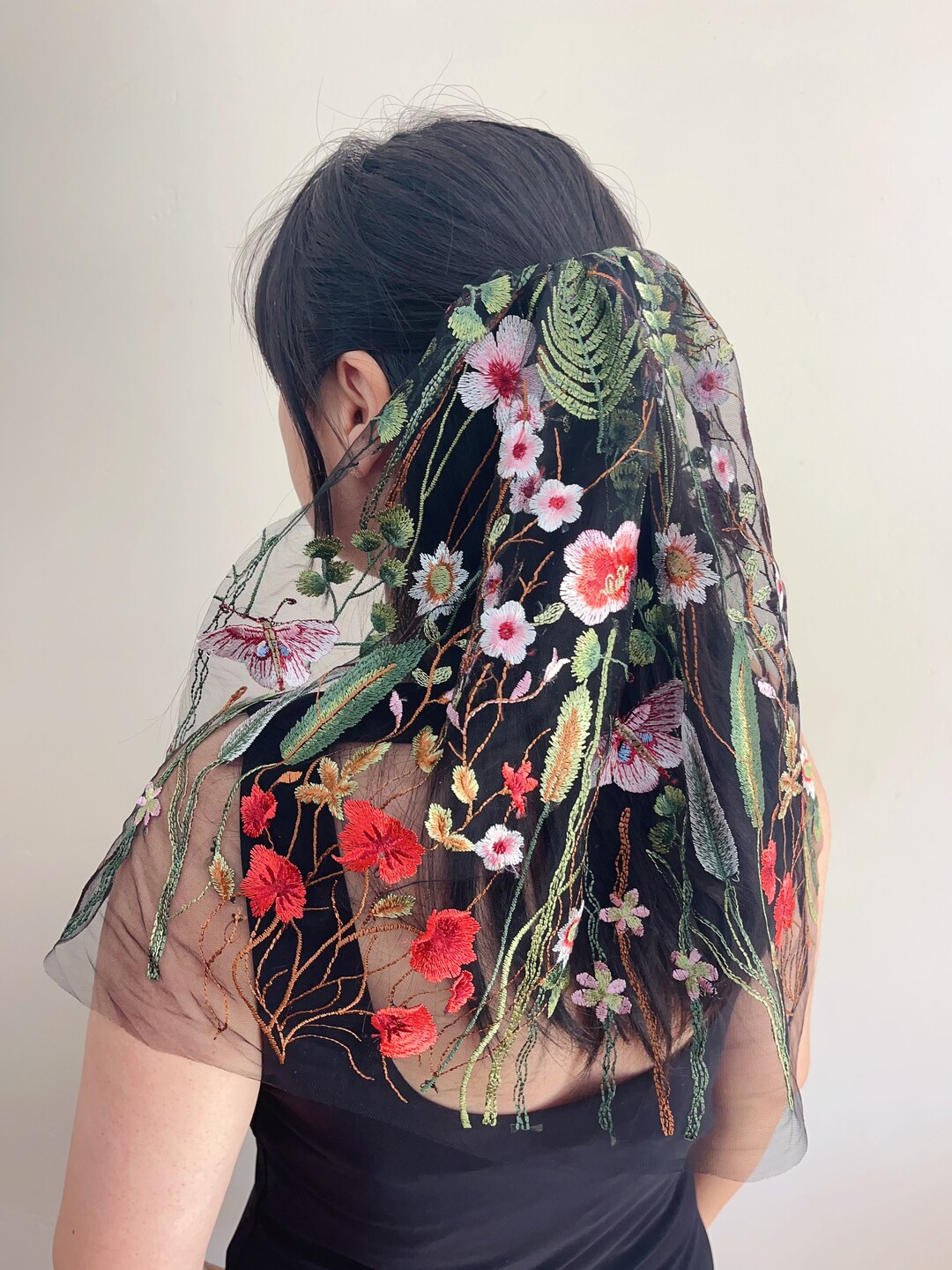 Short Black Floral Veil Costume Veil, Embroidered Flower Veil, Floral ...