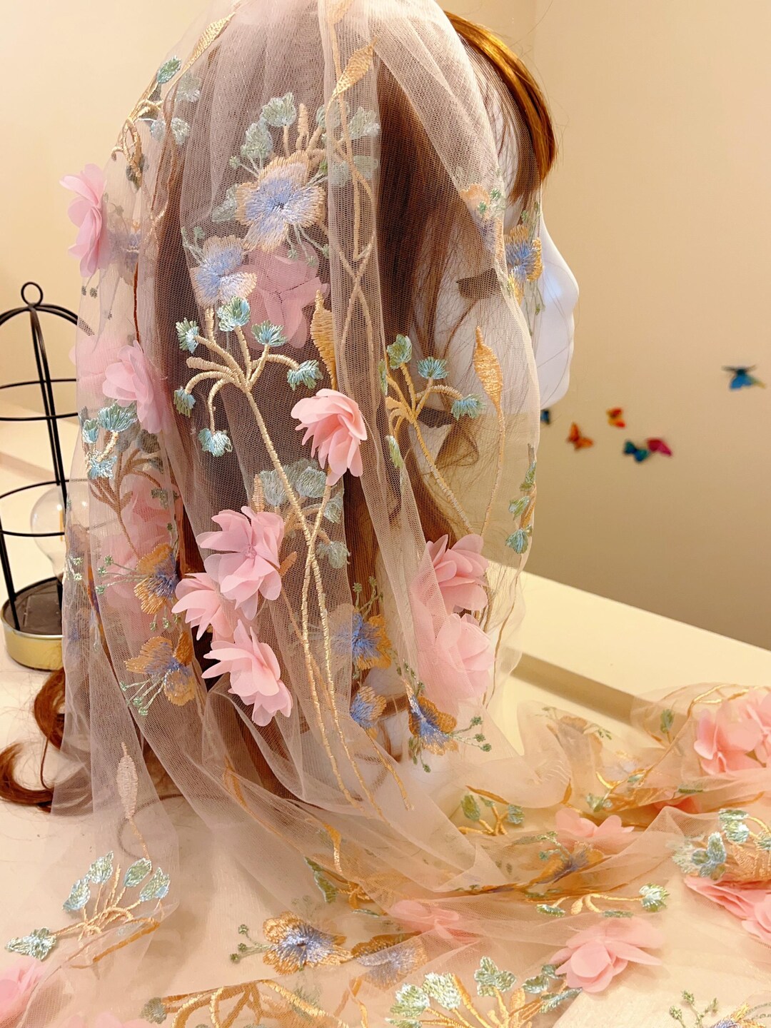 Flower Pop Veil Unique Pink Blue Flower Veil Embroidered 3d Flower Veil ...