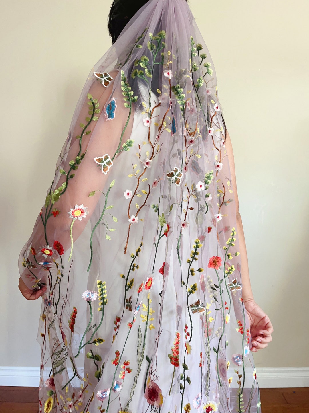 Wildflower Embroidered Wedding Veil, Lavender Floral Tulle, Boho Bridal ...